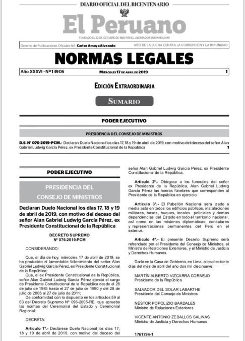 Alan García: Gobierno declara 3 días de duelo nacional por muerte de ... Alan García: Gobierno declara 3 días de duelo nacional por muerte de ...