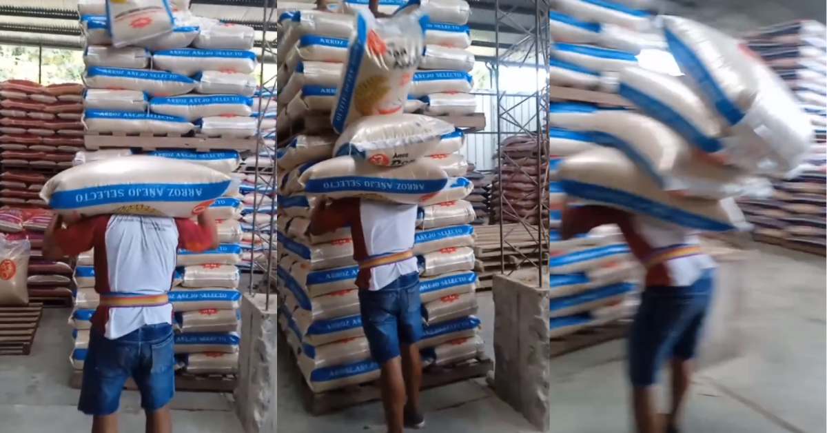 Estibador carga demasiados sacos de arroz a la vez y los productos ...