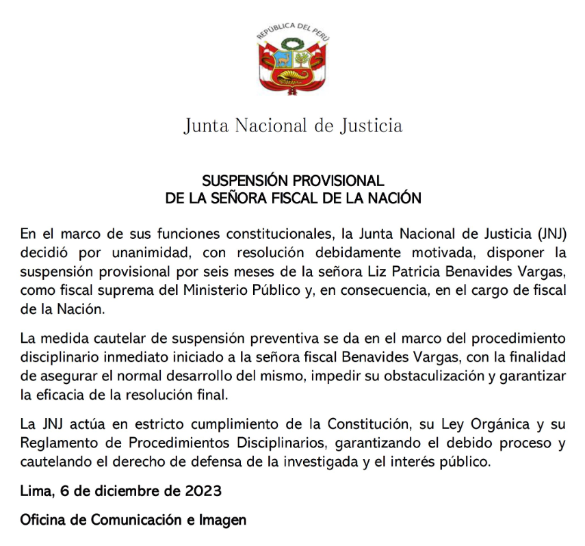 Crisis En La Fiscalía Jnj Suspende Por Seis Meses A Patricia Benavides